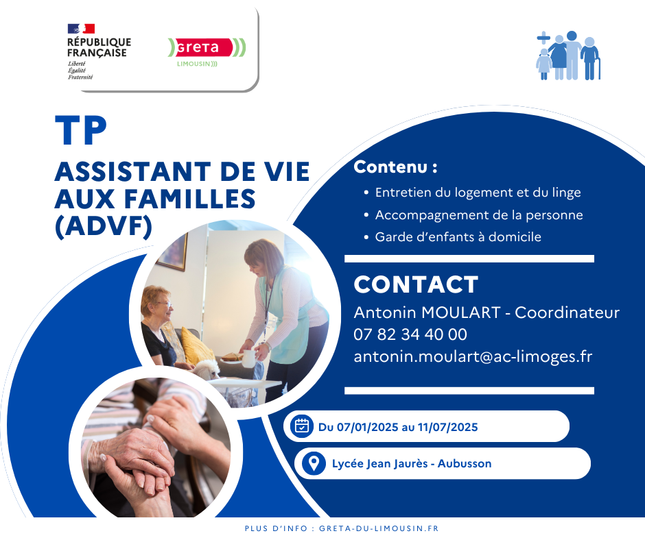 Titre Professionnel d'Assistant de Vie aux Familles (ADVF) à Aubusson - GRETA du Limousin